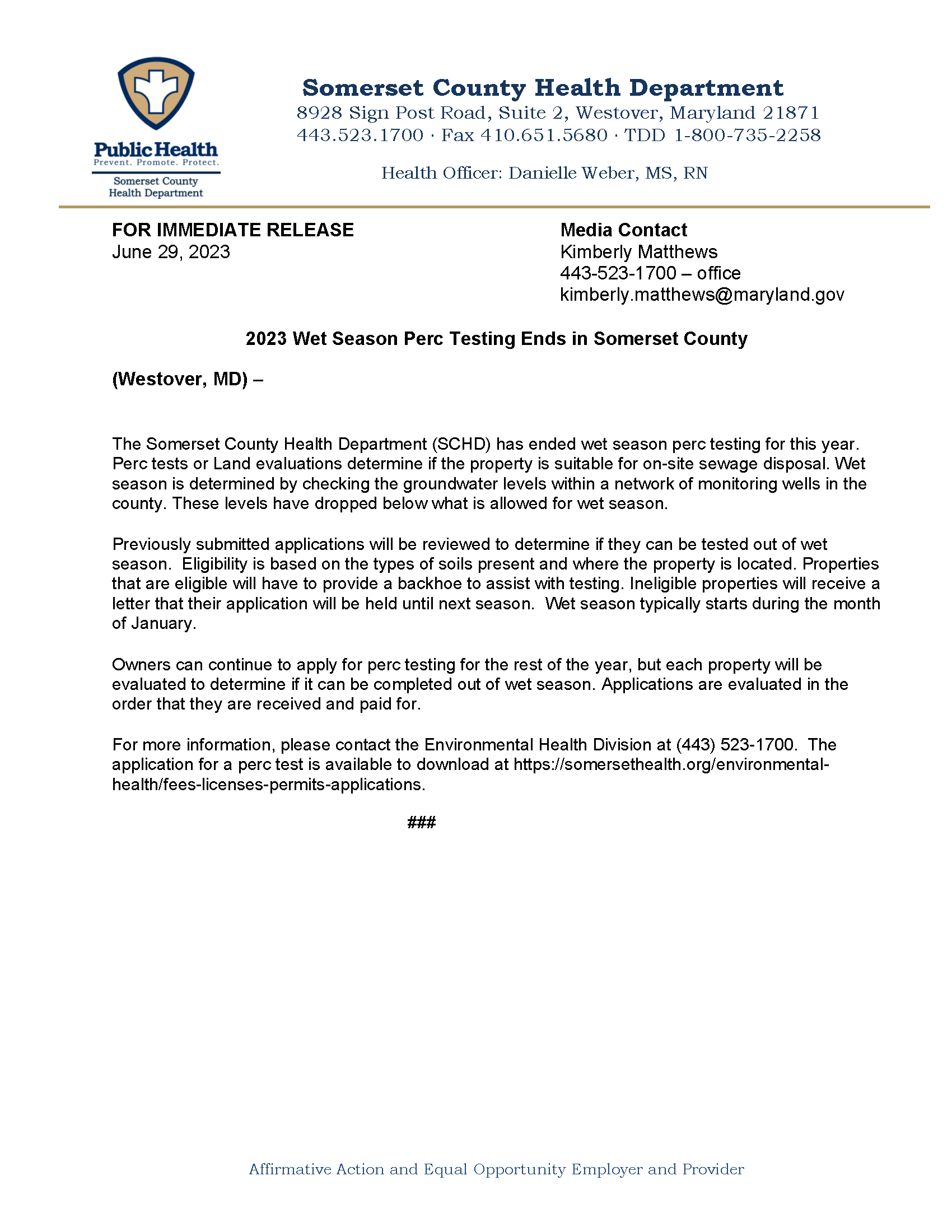 Somerset County Health Department Announces End of Wet Season Perc Testing